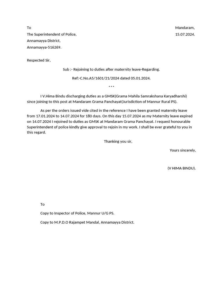 Rejoining Letter Hima Bindu | PDF