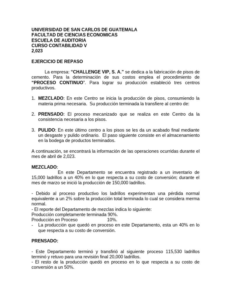 Ejercicio Empresa Granitos (Proceso Continuo) | PDF