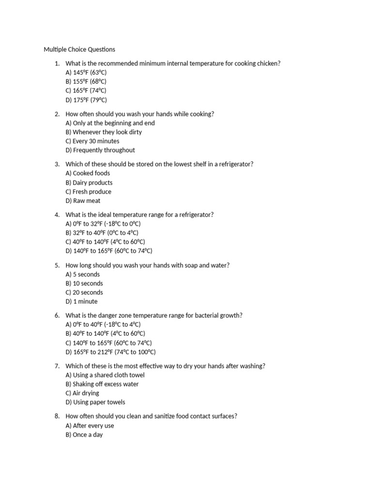 kitchen hygiene and food safety questions | PDF