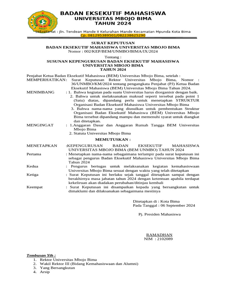 SK KEPENGURUSAN BEM 2024 | PDF