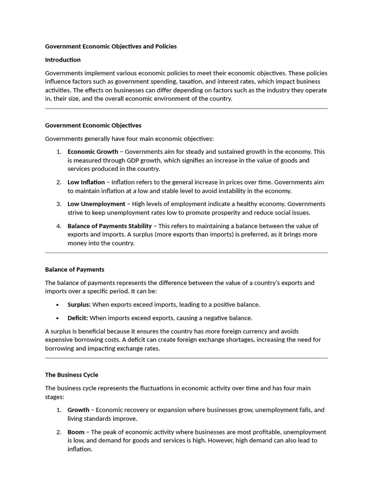 Government Economic Objectives and Policies | PDF