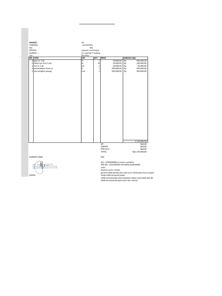 Contoh Tagihan Servis AC | PDF