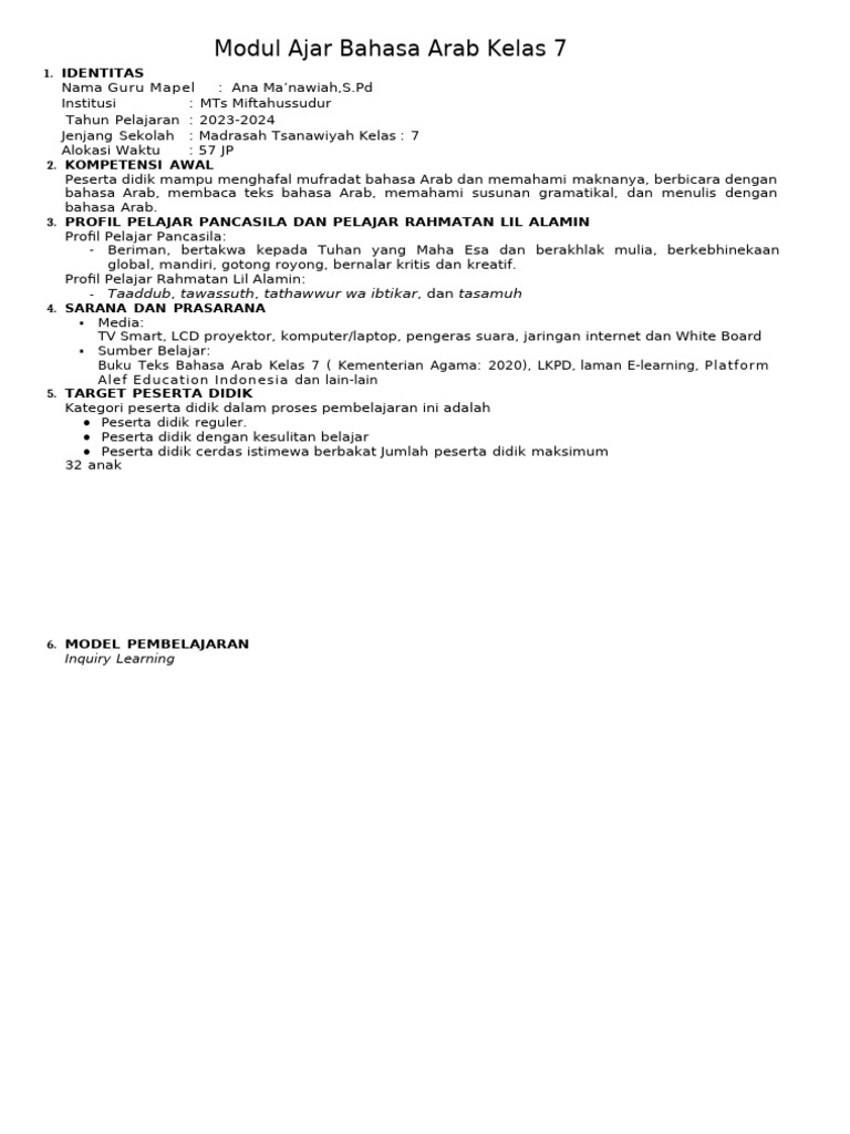 Modul Ajar Bahasa Arab Kelas 7 | PDF