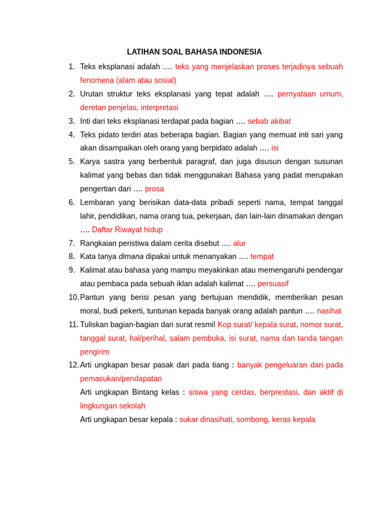 Latihan Soal Bahasa Indonesia | PDF | Kajian Bahasa Asing | Fiksi Umum