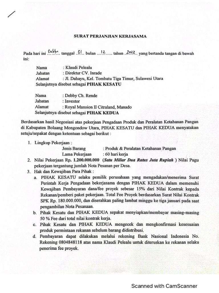 Surat Perjanjian Kerjasama Pengadaan Bol | PDF