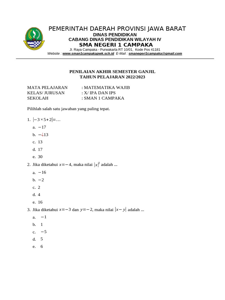 PAS Ganjil Kls X 2022 2023 MTK | PDF