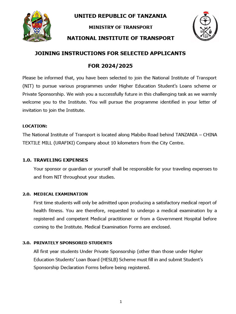 NIT Joining Instruction 2024 2025 | PDF