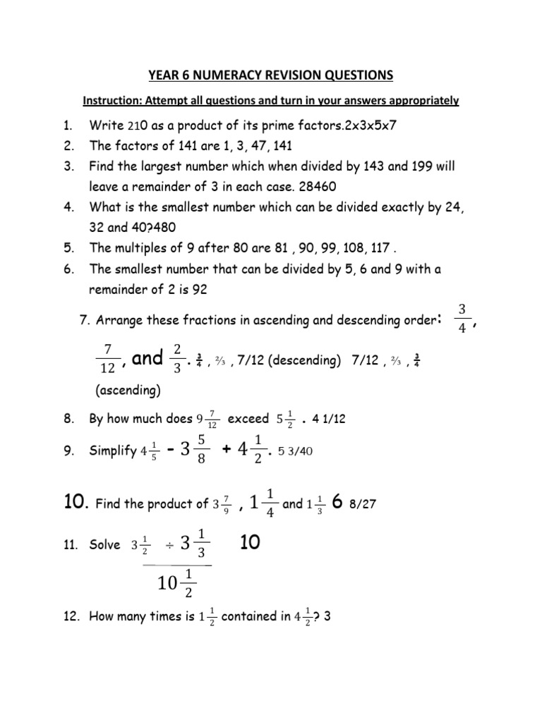 YEAR 6, Term 1 NUMERACY REVISION QUESTIONS | PDF