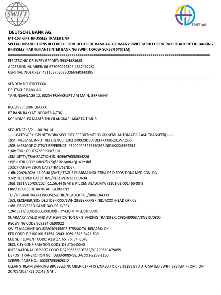 Db Mt103 Gpi Semi Automatic Cash Transfer Tracer-58m | PDF