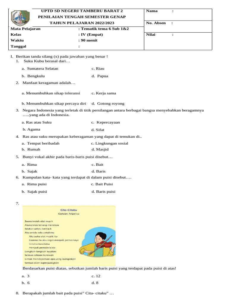 Soal PTS Kelas 4 Tema 6 Sub 1 Dan 2 | PDF