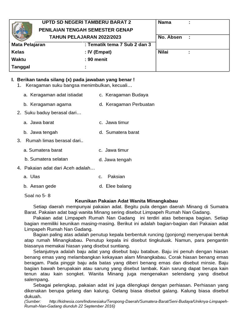 Soal PTS Kelas 4 Tema 7 Sub 2 Dan 3 | PDF
