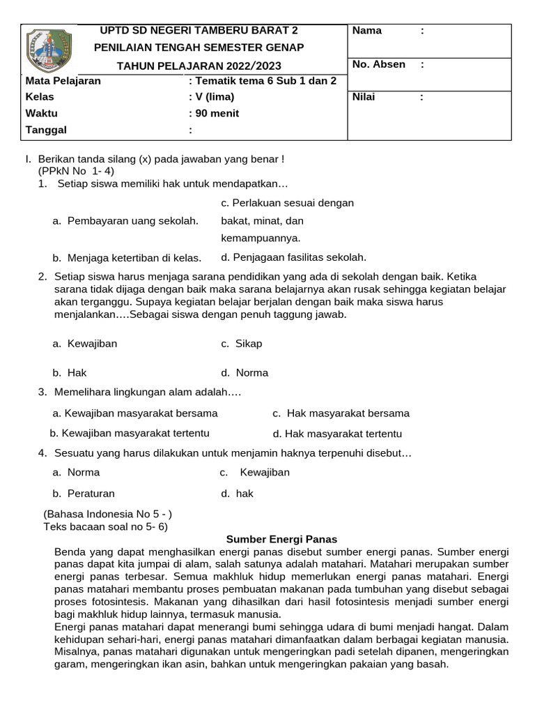 Soal PTS Kelas 5 Tema 6 Sub 1 Dan 2 | PDF