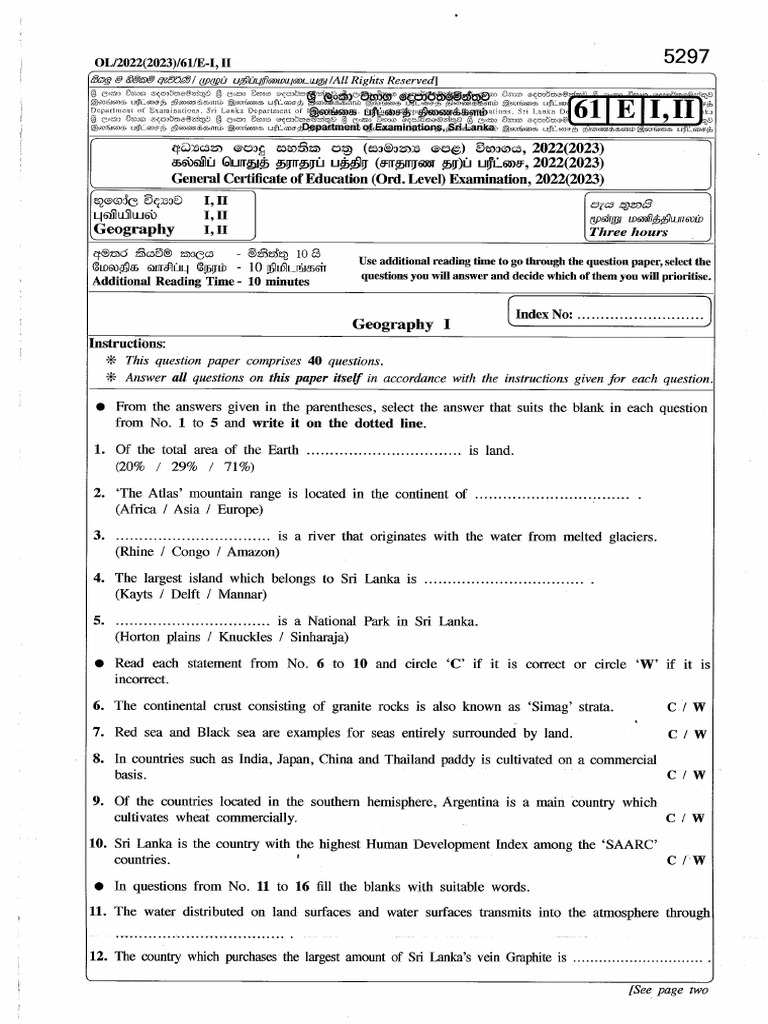 Ol Geography Past Paper and Answers English Medium | PDF