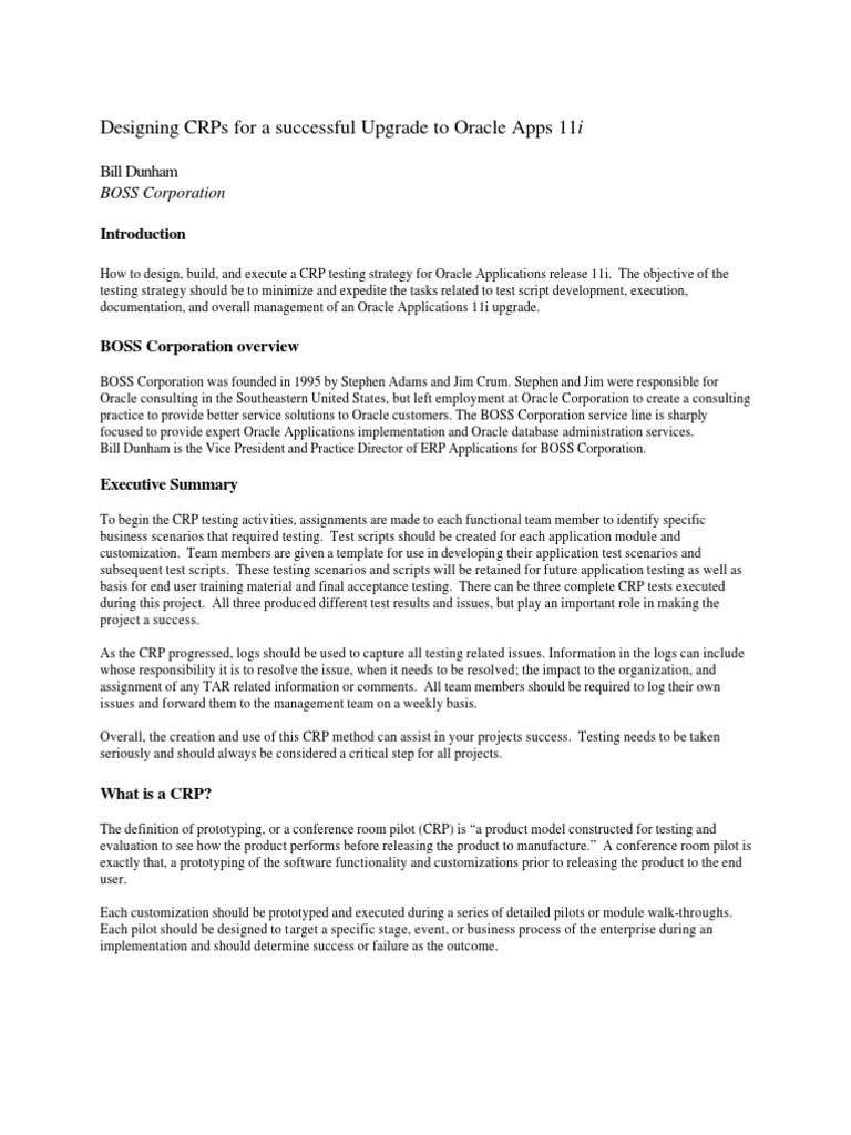 Designing Crps For A Successful Upgrade To Oracle Apps 11I: Bill Dunham ...