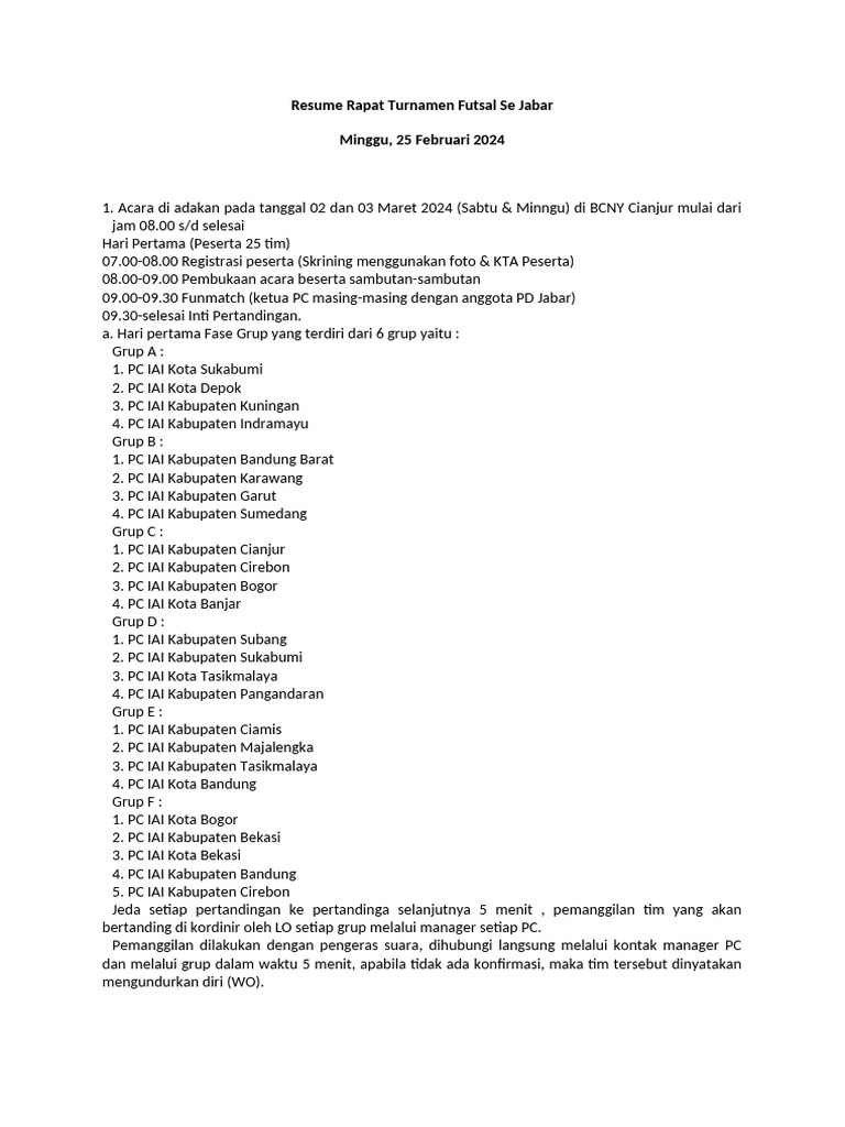 Resume Rapat Turnamen Futsal Se Jabar | PDF