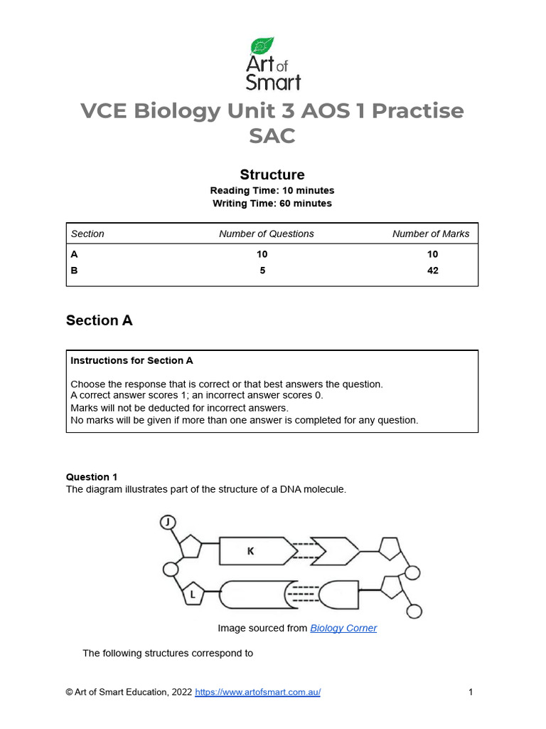 VCE Biology Unit 3 AOS 1 Practice SAC Art of Smart Education | PDF