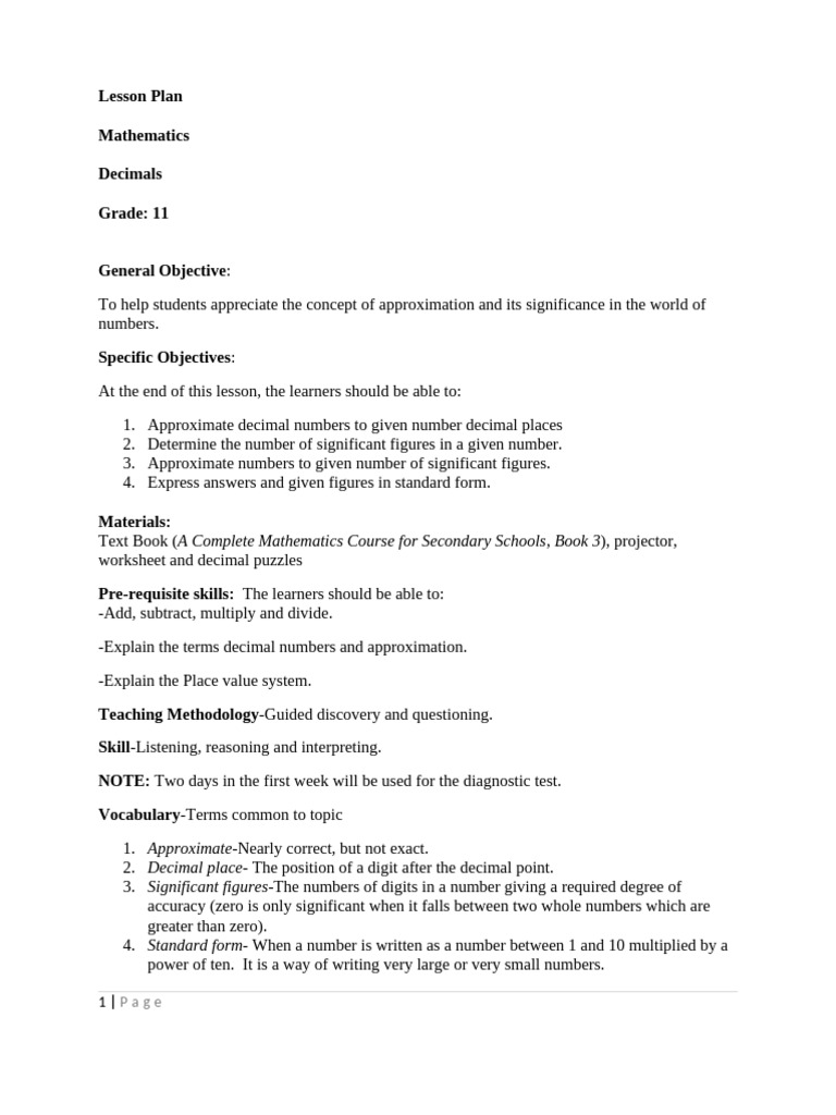 Grade 11 Decimal Lesson Plan | PDF