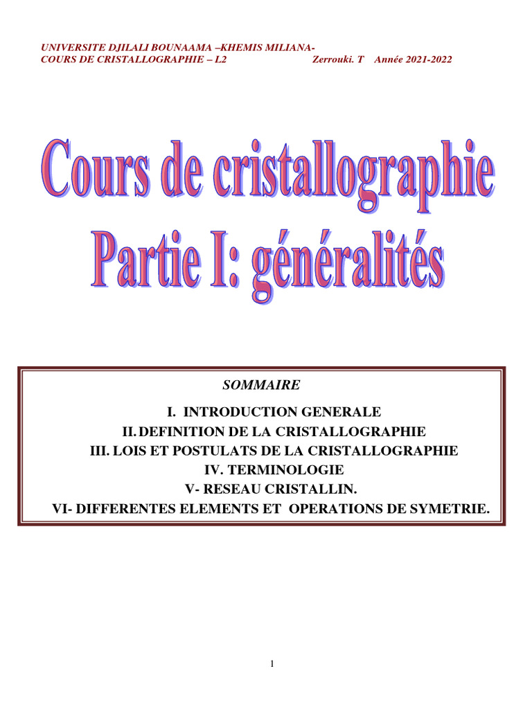 Partie 1 Cours de Cristallographie L2 Ze | PDF