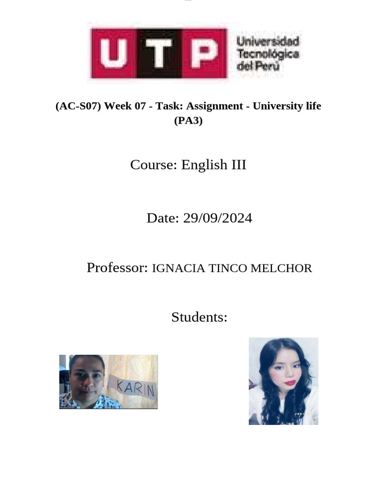 Course: English III: (AC-S07) Week 07 - Task: Assignment - University Life (PA3) | PDF