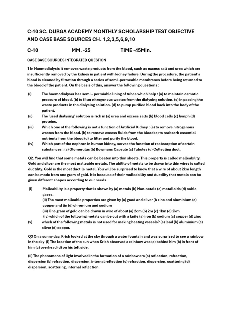 C-10 Sc. Durga Academy Monthly Scholarship Test Objective AND CASE BASE ...