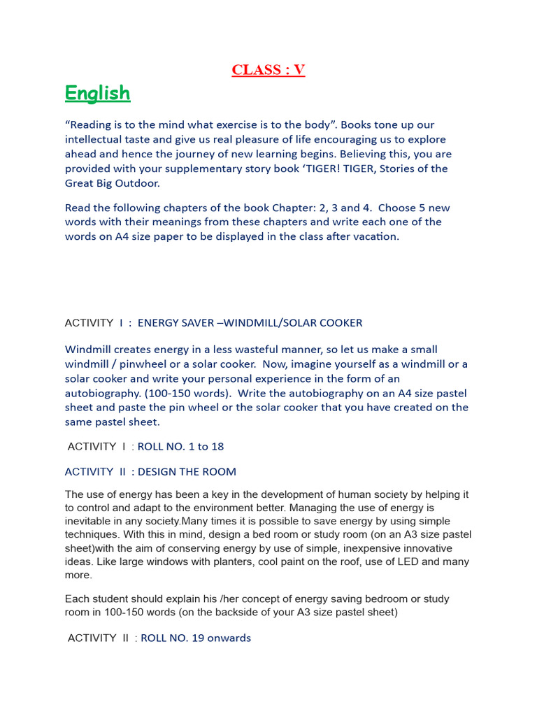 Summer Holiday Homework -Class V | PDF