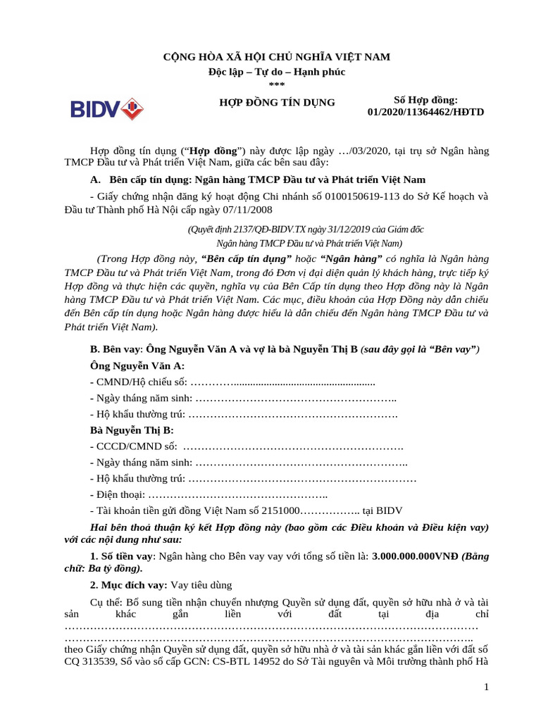 HĐTD BIDV 0.89% 3 Năm | PDF