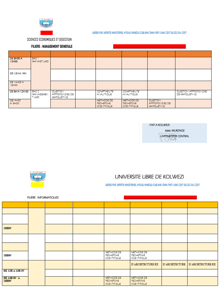 Horaire de Cours Premier Semestre 2023-2024 Du 29 Au 03 Fevrier 2024 | PDF