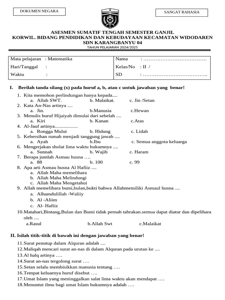 Sangat Rahasia Dokumen Negara: TAHUN PELAJARAN 2024/2025 | PDF