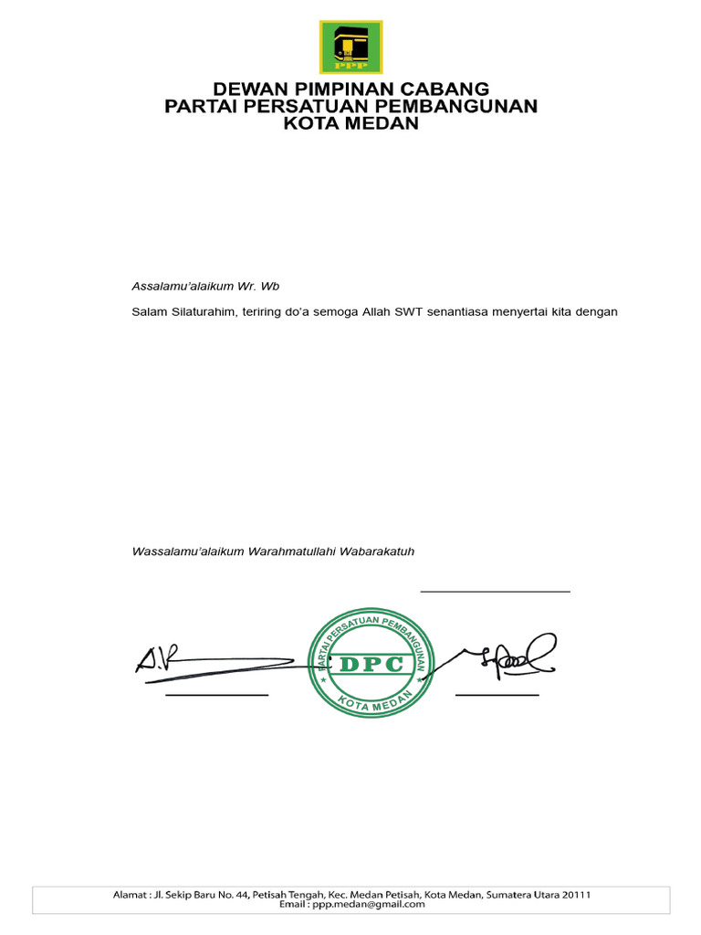 Undangan Rapimcab DPC PPP Kota Medan: Bismillahirrahmanirrohim Assalamu'alaikum Wr. WB | PDF