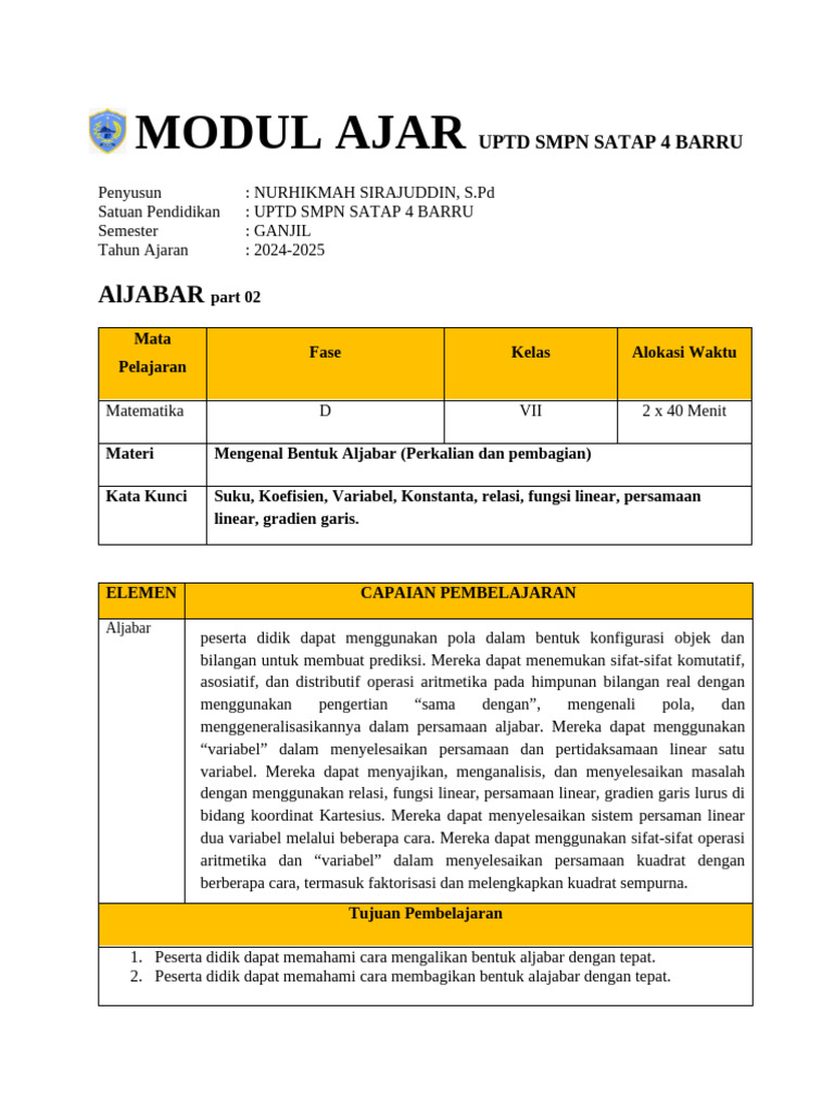 6 (Aljabar) MODUL AJAR UPTD SMPN SATAP 4 BARRU | PDF