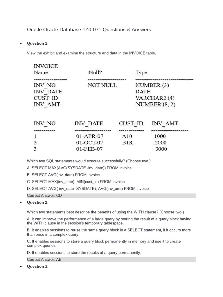 Oracle Oracle Database 1Z0-071 SQL Questions & Answers | PDF