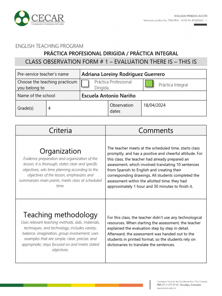 Class Observation Form 20 Hours of Observation | PDF | Classroom ...