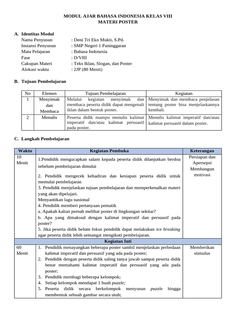 MODUL AJAR BAHASA INDONESIA KELAS VIII | PDF
