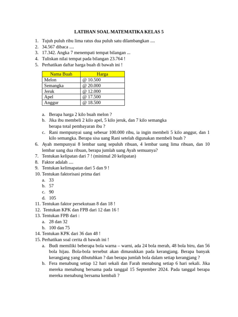 Latihan Soal Matematika Kelas 5 | PDF