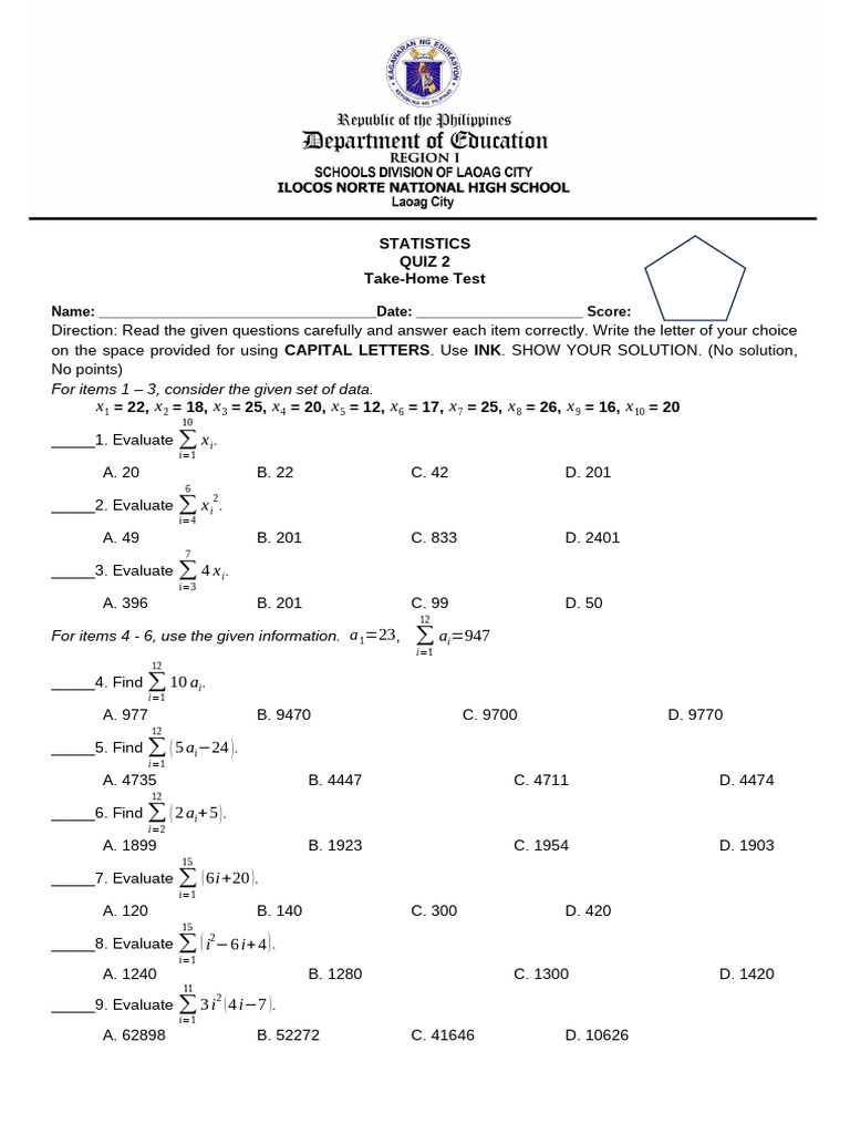 BASIC STATISTICS Quiz 2 (Take Home) Q1 2024-2025 | PDF