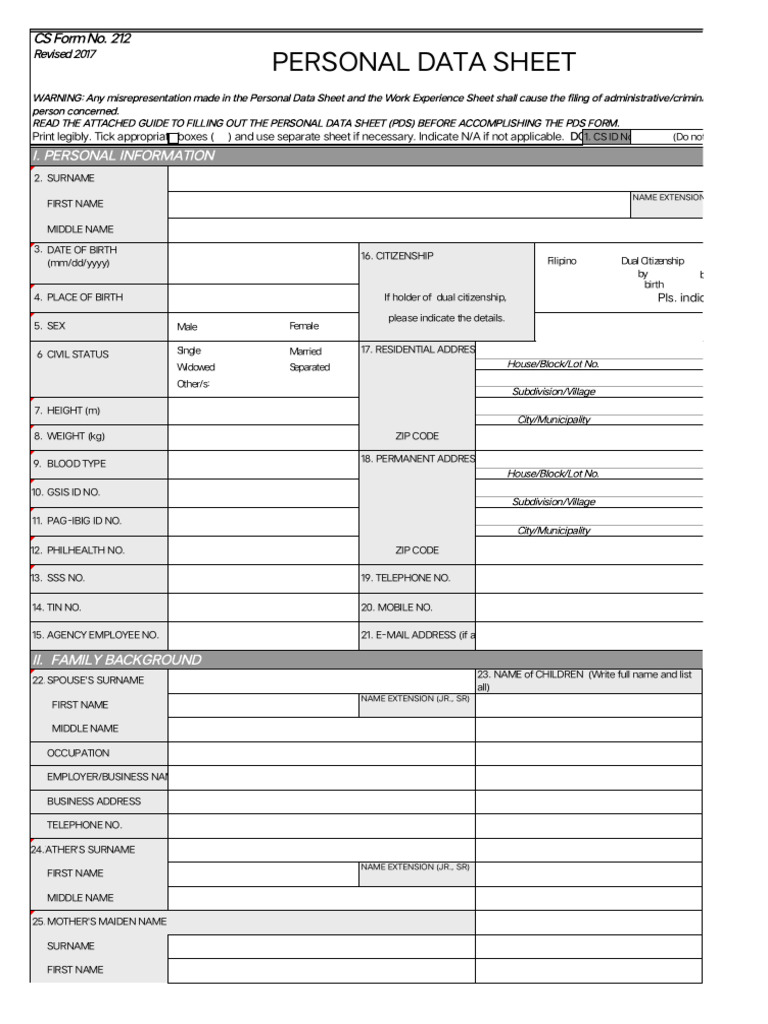 CS Form No. 212 Personal Data Sheet Revised | PDF