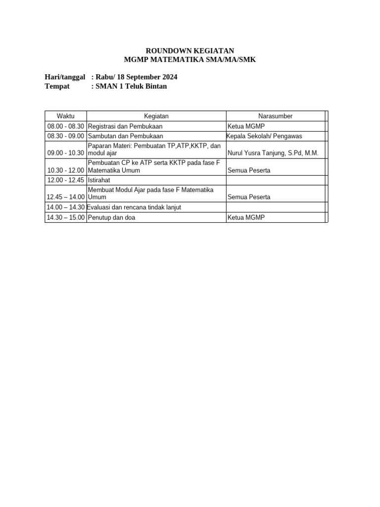 Roundown Kegiatan 18 Sep 2024 | PDF