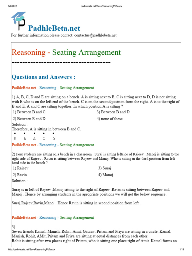 Seating Arrangement (Single Problem Based) | PDF