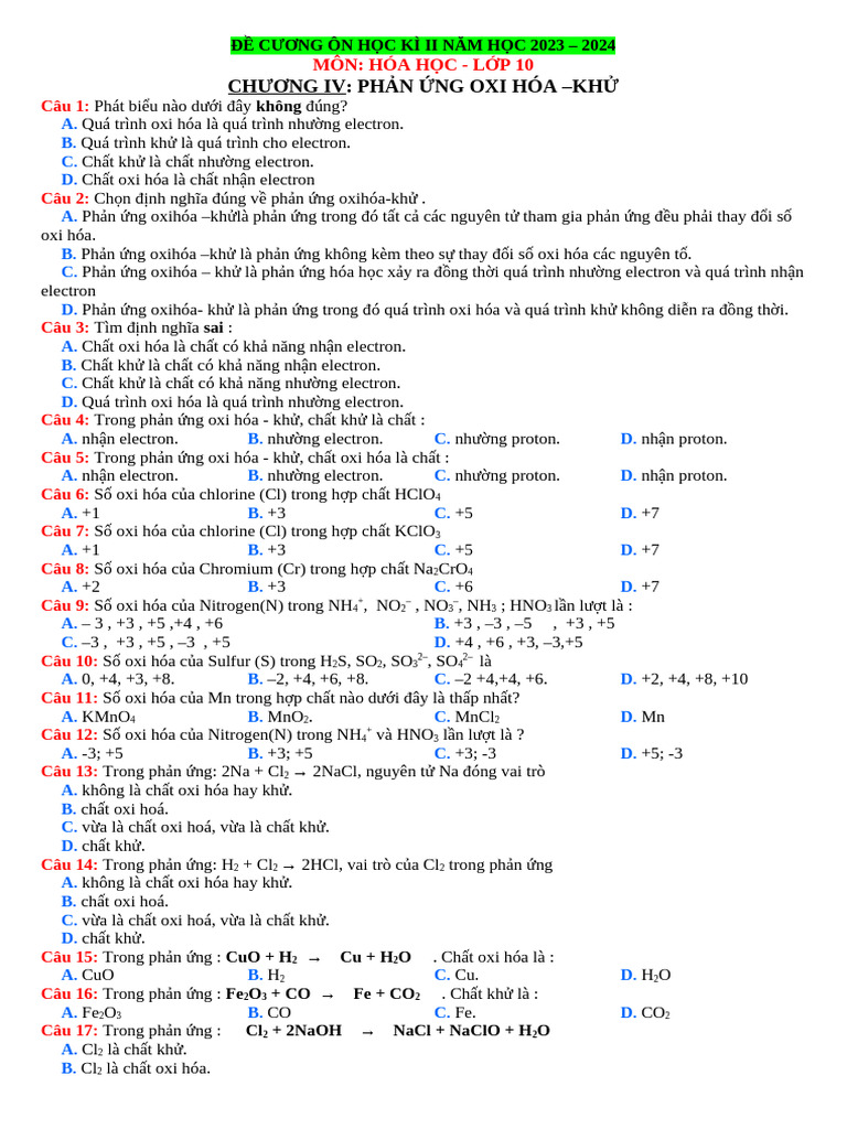 Đề ôn tập HK2 hóa 10 | PDF