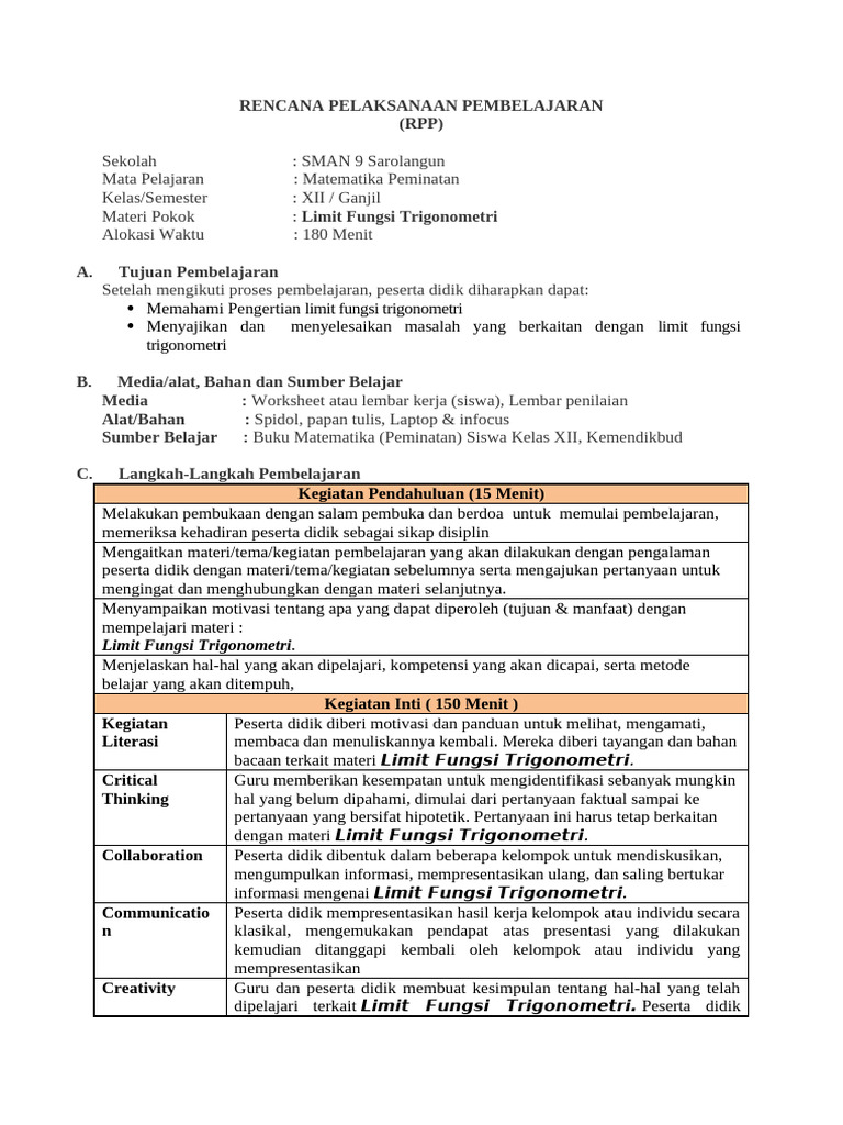 RPP MTK PM Kelas Xii Ipa | PDF