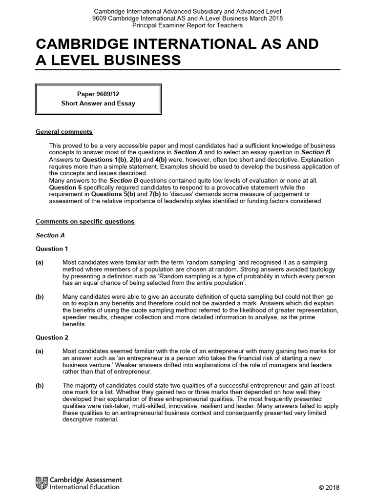 Cambridge International As and A Level Business: Paper 9609/12 Short ...