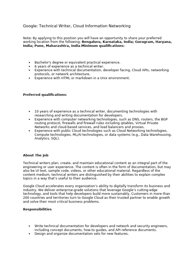 Google-Technical Writer, Cloud Information Networking | PDF