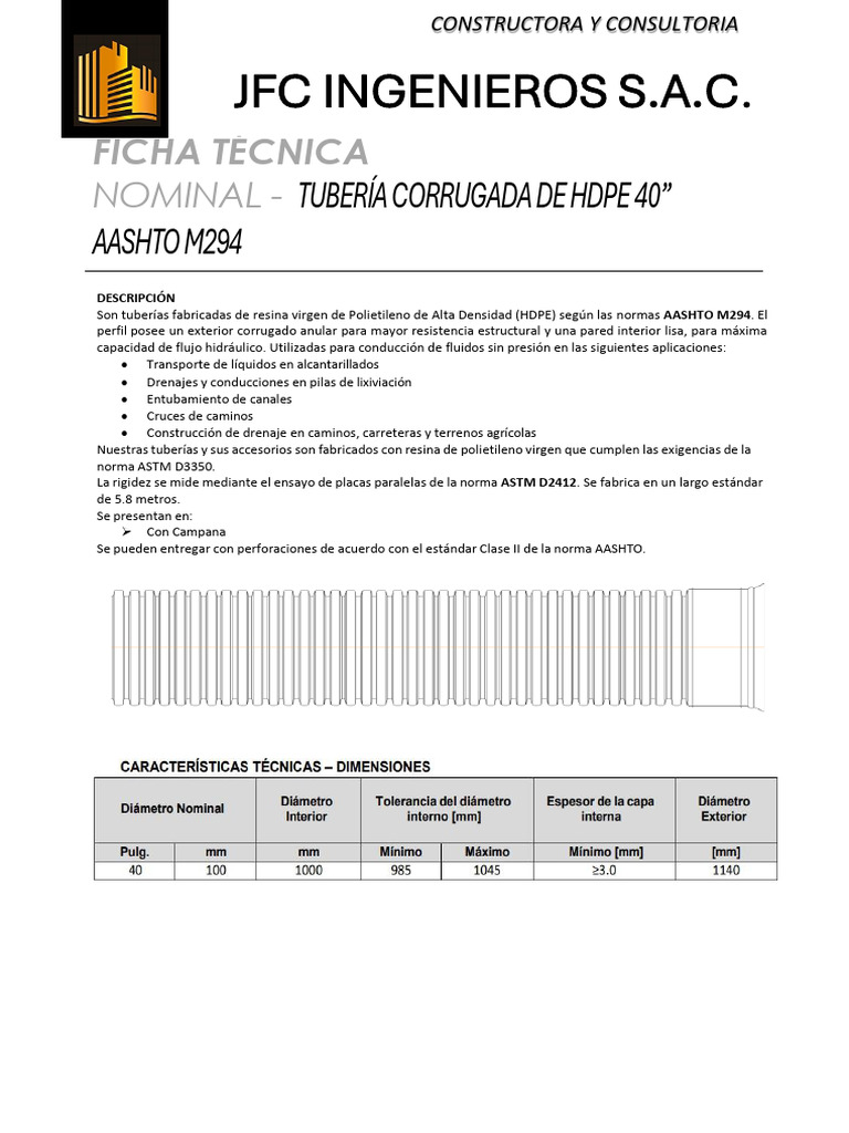 Ficha Tecnica Tubería Corrugada de Hdpe 40" | PDF
