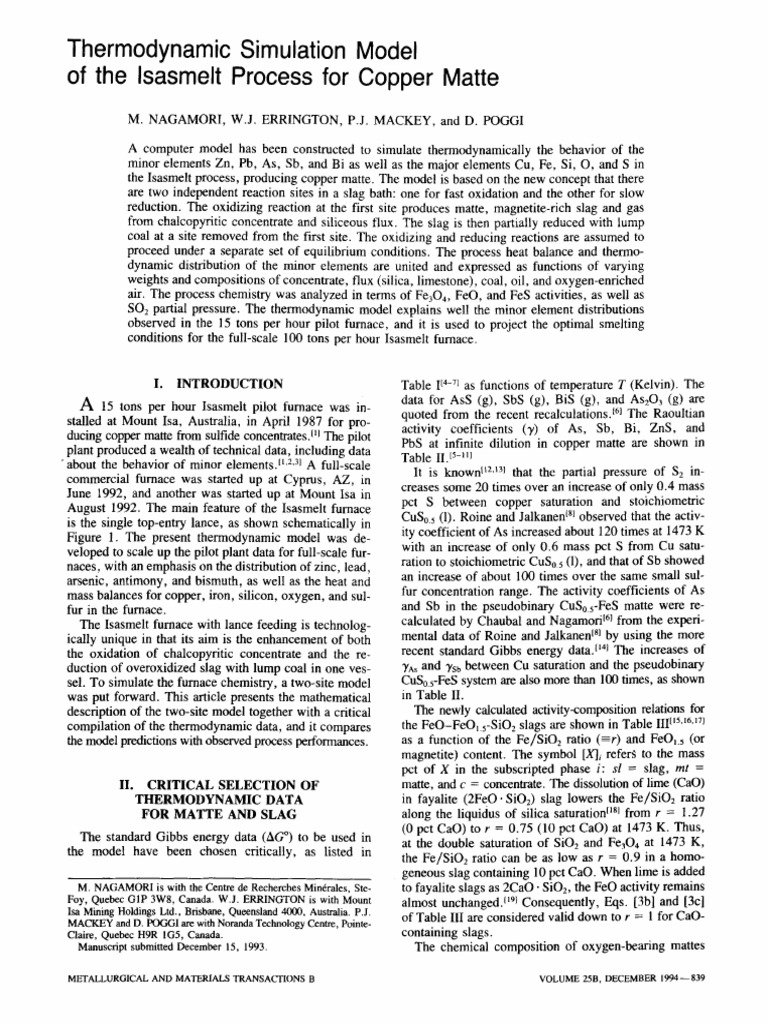 Nagamori Et Al. - 1994 - Thermodynamic Simulation Model of The Isasmelt Process For Copper Matte ...