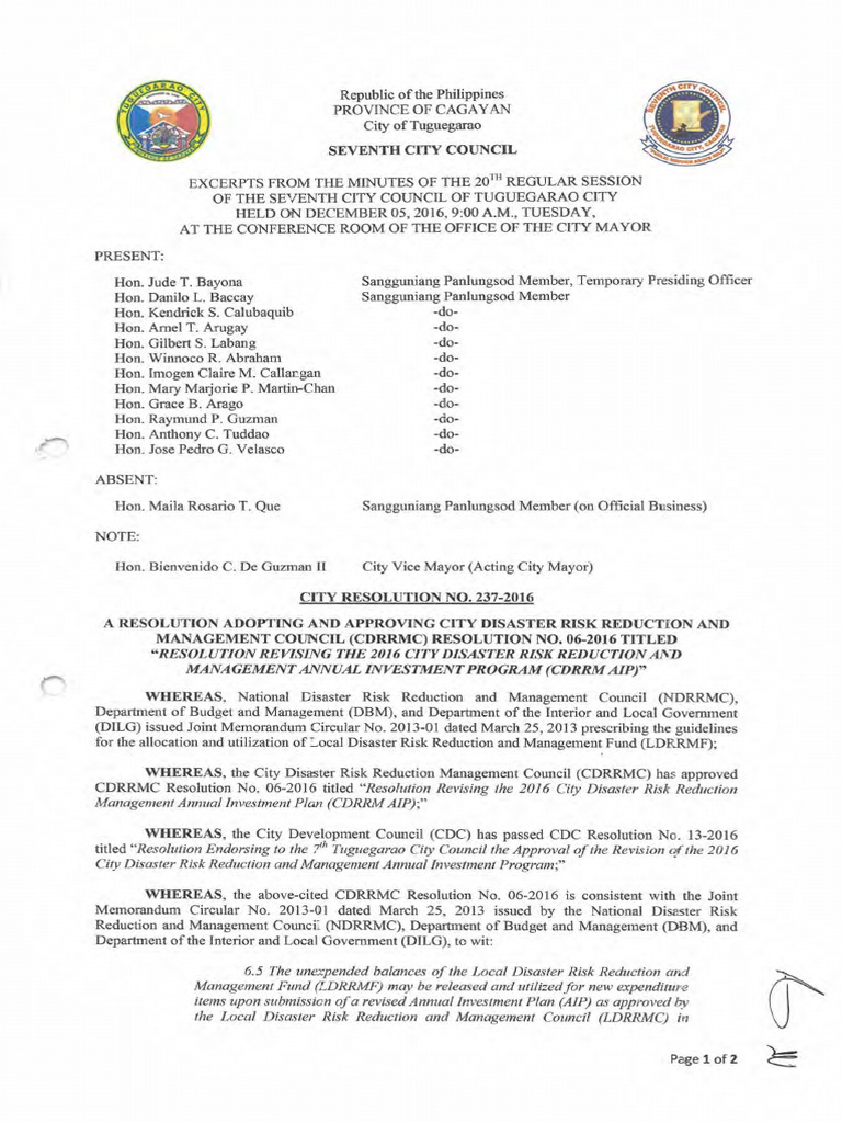 Resolution Revising The 2016 City Disaster Risk Reduction and ...