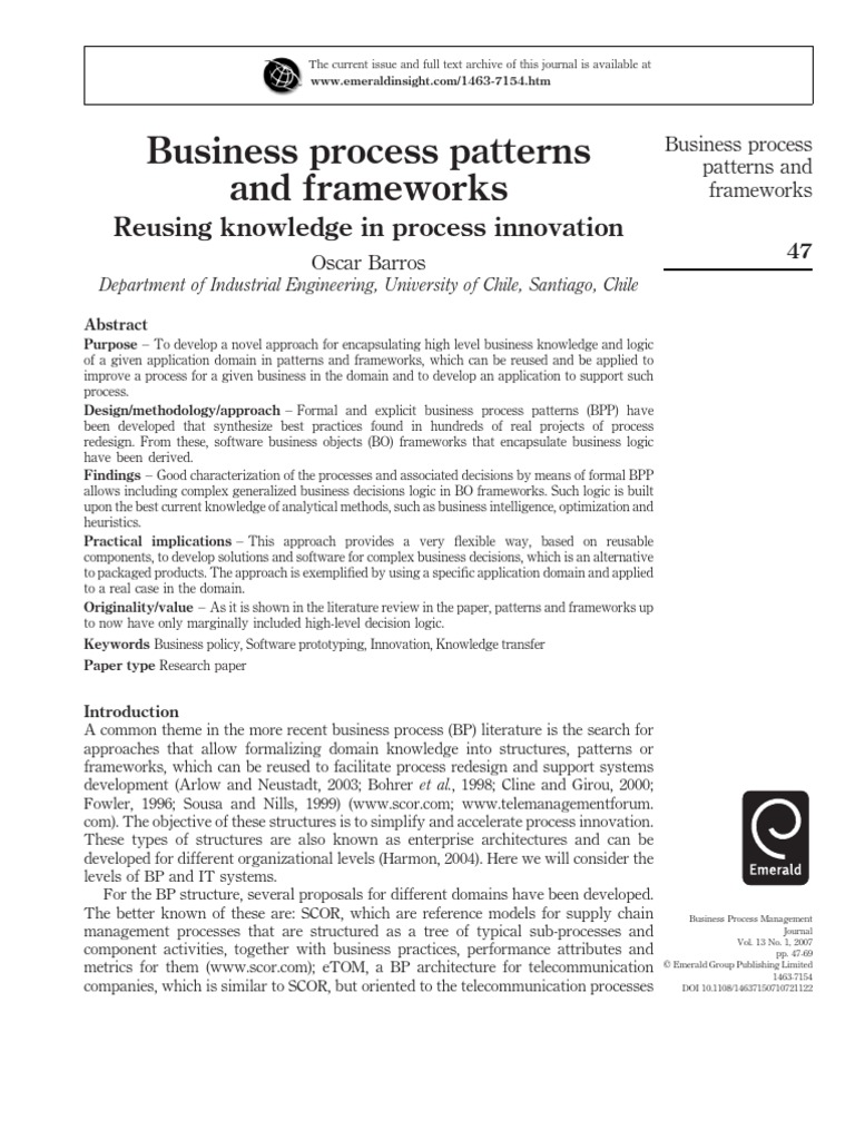 Business Process Patterns and Frameworks: Reusing Knowledge in Process Innovation | PDF ...