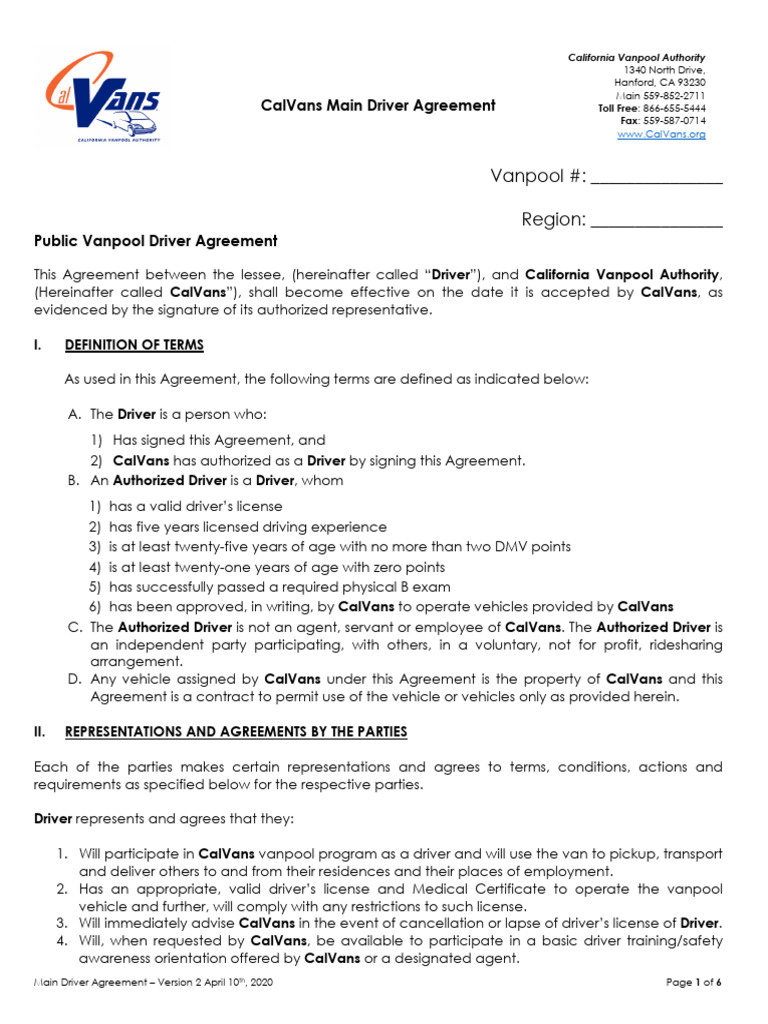 Main Driver Agreement | PDF