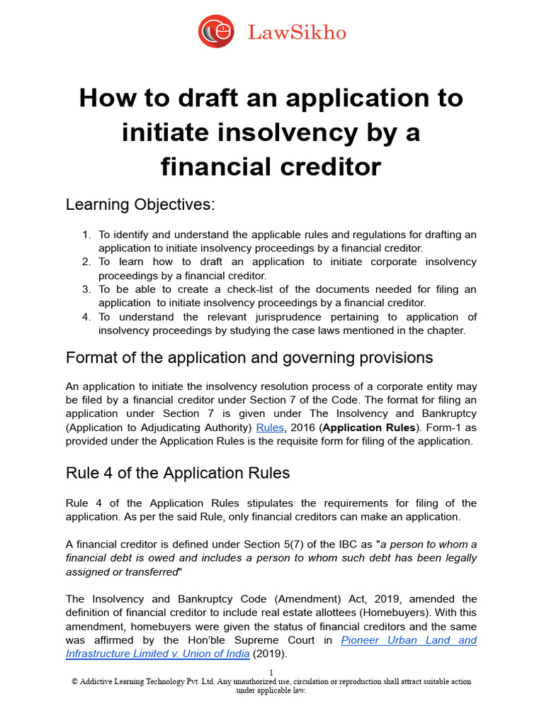 How To Draft An Application To Initiate Insolvency by A Financial Creditor | PDF | Bankruptcy ...