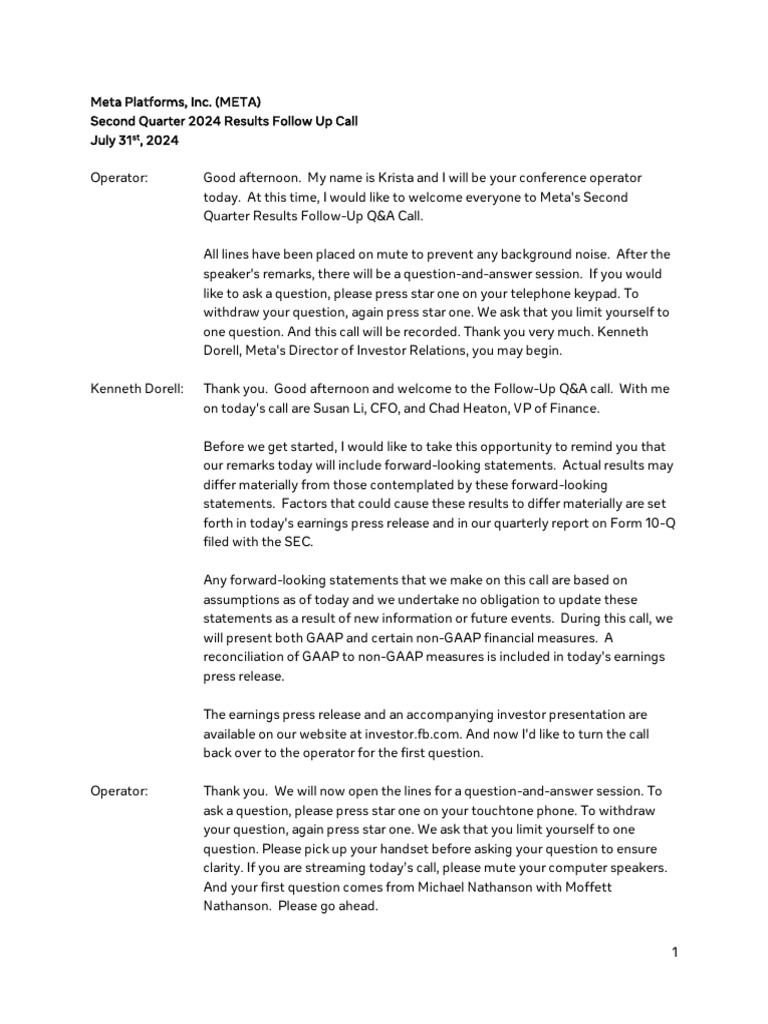 META Q2 2024 Follow Up Call Transcript | PDF