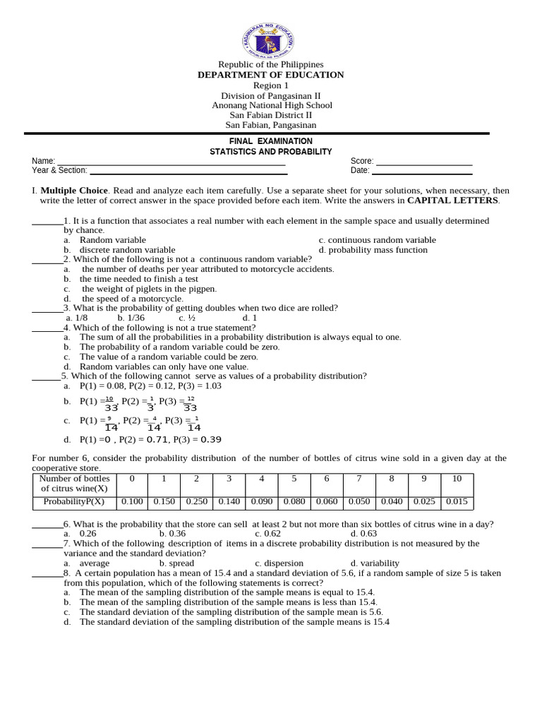 FINAL EXAM STAT and PROB | PDF | Standard Deviation | Variance